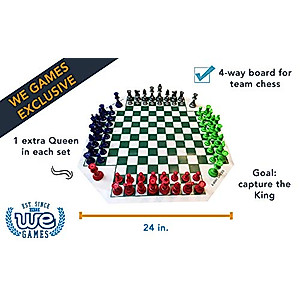 WE Games Four Player Chess Set, Chess Board for Team Chess, Combination Chess Game for Up to 4 Players, Unique Chess Sets for Adults and Kids, Roll Up Vinyl Chess Mat with 4 Sets of Chess Pieces
