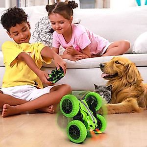 Zyerch RC Car, 4 Wheel Drive Stunt Car Toy for Kids, Hobby RC Crawlers, Double Sided Rotating 360°Remote Control Car, Dual-Color Headlights Blue/Red/Green, (K-02)