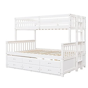 Harper & Bright Designs Twin Over Full Bunk Bed with Twin Size Trundle and 3 Storage Drawers, Separable Bunk Beds Twin Over Full Size, Wood Bunk Bed Frame for Kids Teens Boy & Girls (White)