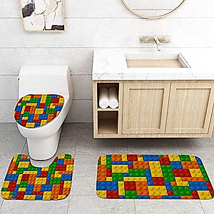 Faitove 4PCS Kids Funny Blocks Shower Curtain Sets with Non-Slip Rugs, Toilet Lid Cover and Bath Mat, Colorful Shower Curtain Cloth Waterproof Polyester Fabric Bright Bathroom wtih Hooks, 72 x 72