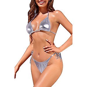 Womens Cheeky Swimsuits Brazilian Triangle Top Low Cut Thong Bikini Bottoms Halter String Sexy 2 Piece Bathing Suits Silver L
