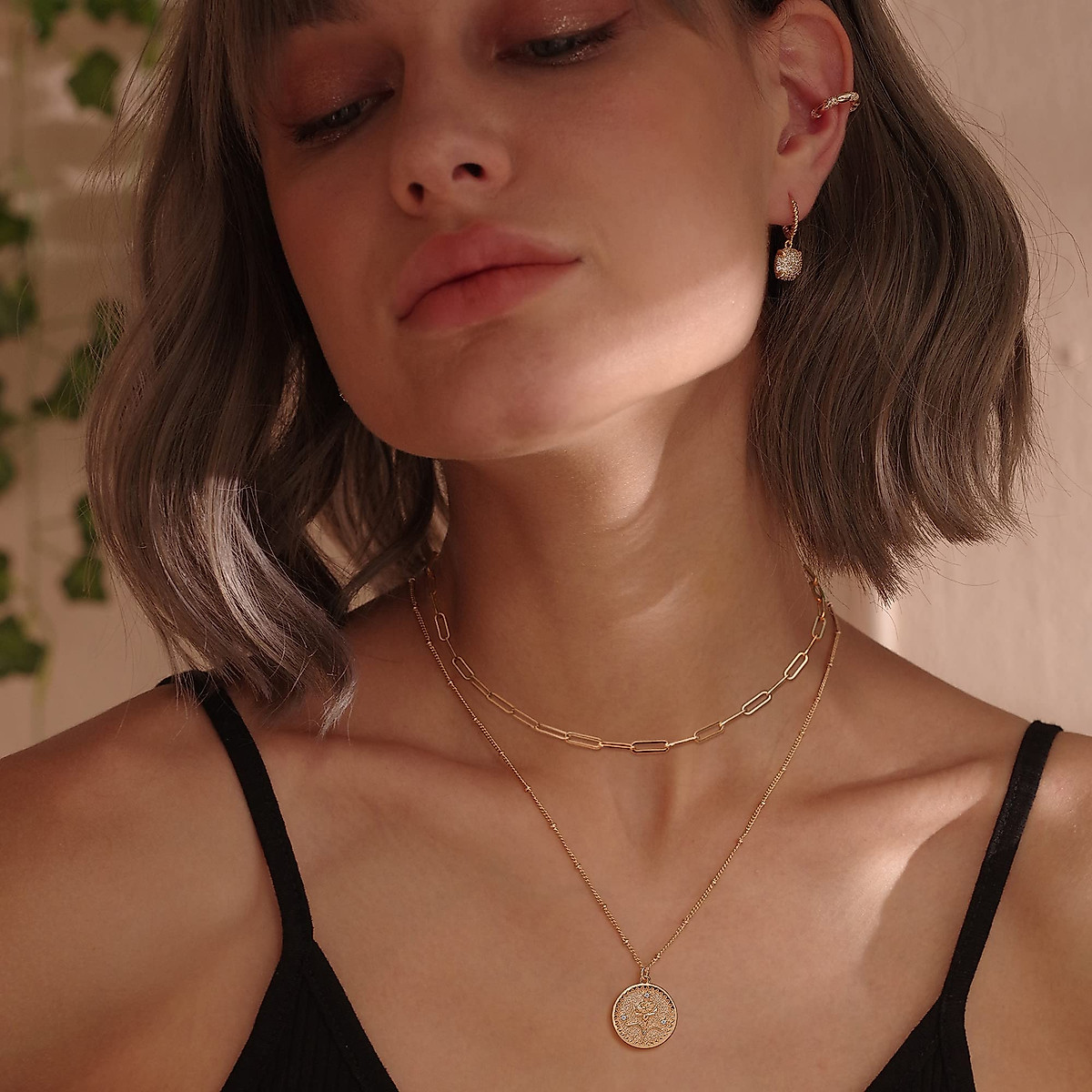 MEVECCO Gold Birth Flower Coin Necklace for Women Paperclip Chain Choker Layered Set Embossed Disc March Daffodil Pendent 18K Gold Plated Dainty Satellite Chain Birthday Jewelry for Her