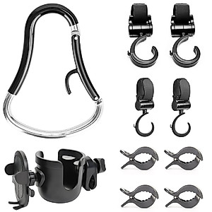 DIMEGA Baby Stroller Hooks Clips Cup Holders Combo, 4pcs Rotation Hooks, 1pcs Heavy Duty Metal Gourd Hook, 4pcs Kids Blanket Clips Pegs, 1pcs Parent Bottle Holder with Phone Mount for Outing (Black)