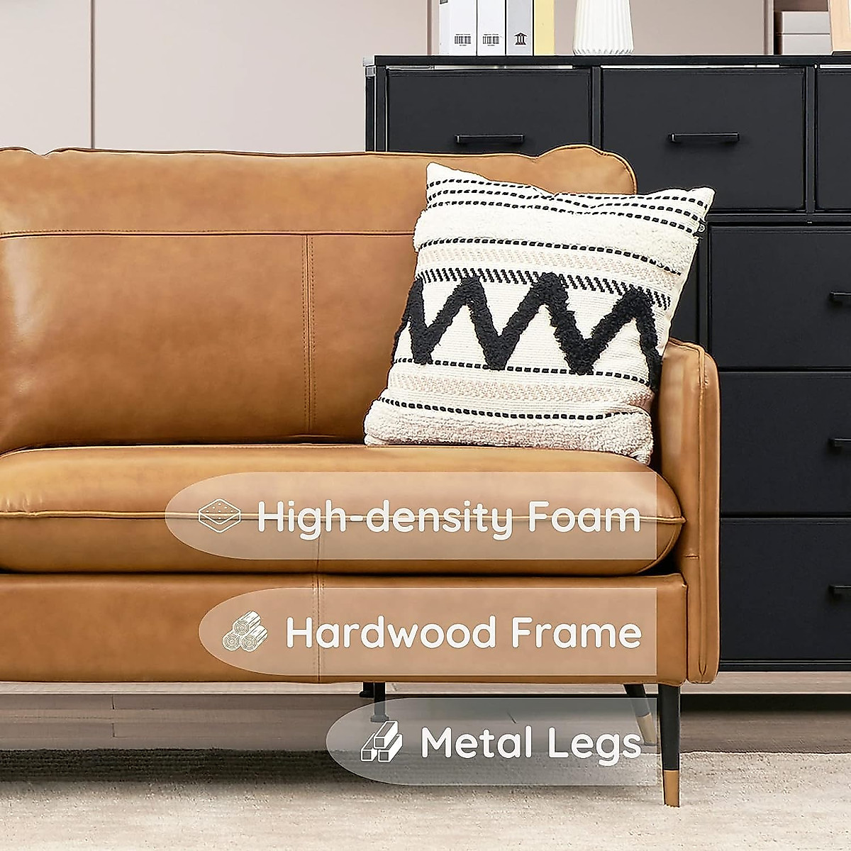 Z-hom 67" Top-Grain Leather Sofa, 2 Seater Loveseat Couch, Mid-Century Modern Leather Couch for Living Room Bedroom Apartment Office, Cognac Tan