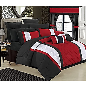 Chic Home 24 Piece Danielle Complete Pin Tuck Embroidery Color Block Bedding, King, Red