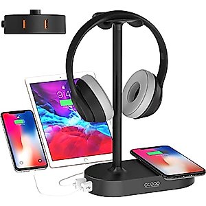 COZOO Headphone Stand with Wireless Charging Pad and 2 USB Charging Ports Type C ports,Gaming Headset Hanger Organizer,10W,Headphone Holder Suitable for Gaming,DJ,Wireless Earphone Display Accessories