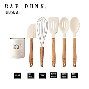 Rae Dunn Everyday Collection 5 Piece Silicone Kitchen Utensil Set with Canister Holder- Kitchen Tools with Beechwood Handles (White)