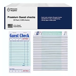 Guest Check Books For Servers 20 Books (1,000 Sheets) - Thick, Bleed Resistant Paper | 1 Part Green Paper Waitress Notepad with Guest Receipt | Server Books For Waitress