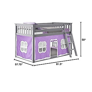 Max & Lily Low Bunk Bed, Twin-Over-Twin Bed Frame For Kids With Curtains For Bottom, Grey/Purple