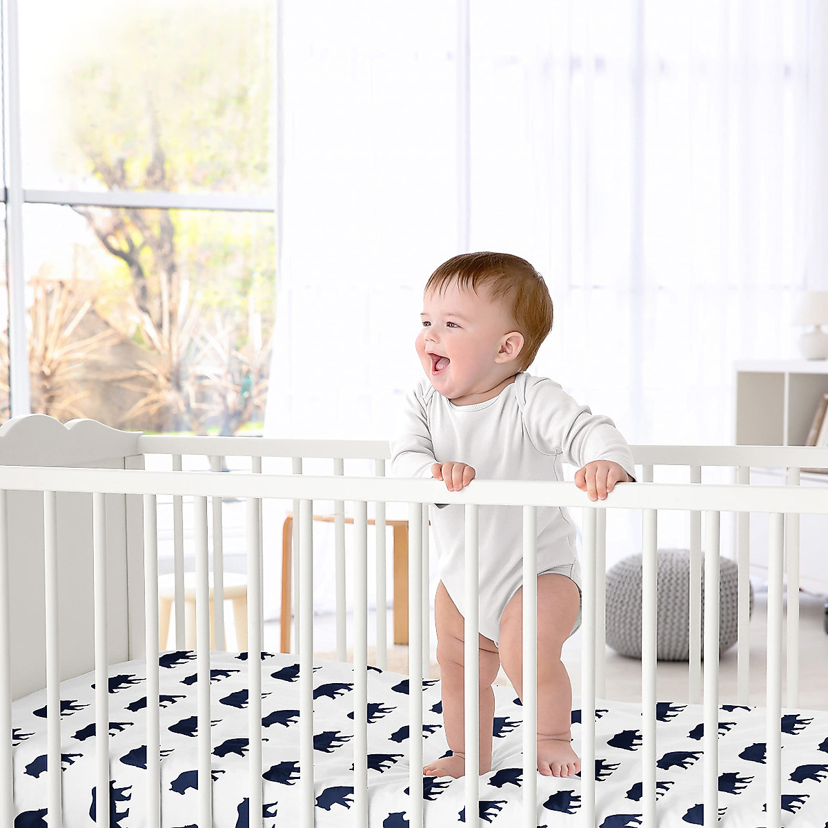 Navy Blue and White Bear Print Baby or Toddler Fitted Crib Sheet for Big Bear Collection by Sweet Jojo Designs