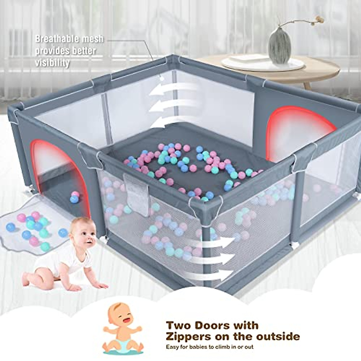 SMTTW Baby Playpen, 71 x 59 Inches Extra Large Playpen, Foldable Play Yard for Babies and Toddlers, Indoor & Outdoor Activity Center,Safety Gates with Breathable Mesh