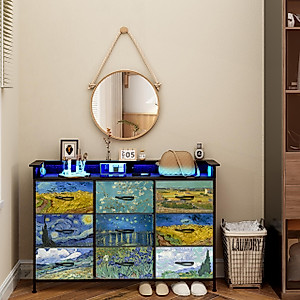 Welfuturer Dresser for Bedroom with 9 Drawers Van Gogh Dressers & Chest of Drawers Fabric Clothes Drawer Fabric Closet Organizer for Living Room Entryway Closet Nursery Sturdy Steel Frame Wood Top