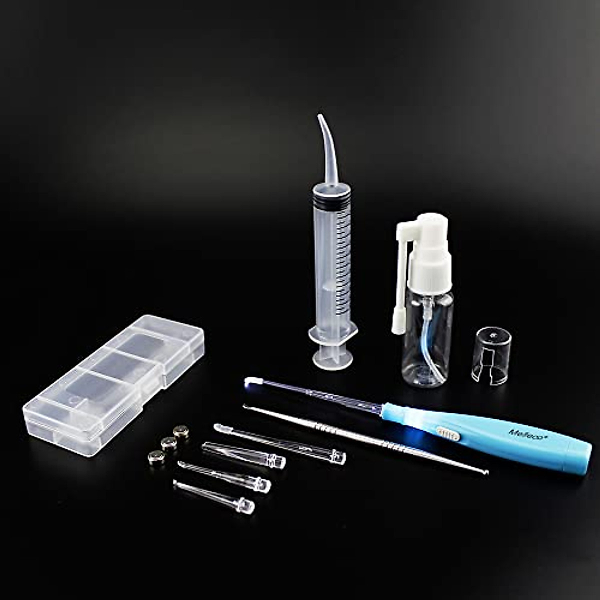 Melleco Upgraded 6.75" Tonsillith Pick Tonsil Stone Remover Tool Care, Blue + Cleaning Irrigator Syringe + Stainless Steel Pick + Throat Nose Nasal Mist Pump Bottle