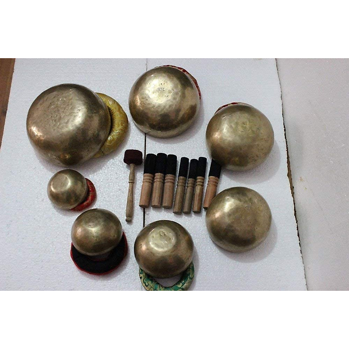 Set of 7 pieces ~ Hand Hammered Yoga Meditation Bowls 5"-10" included 7 Mallets, 7 cushions & 1 drum stick.
