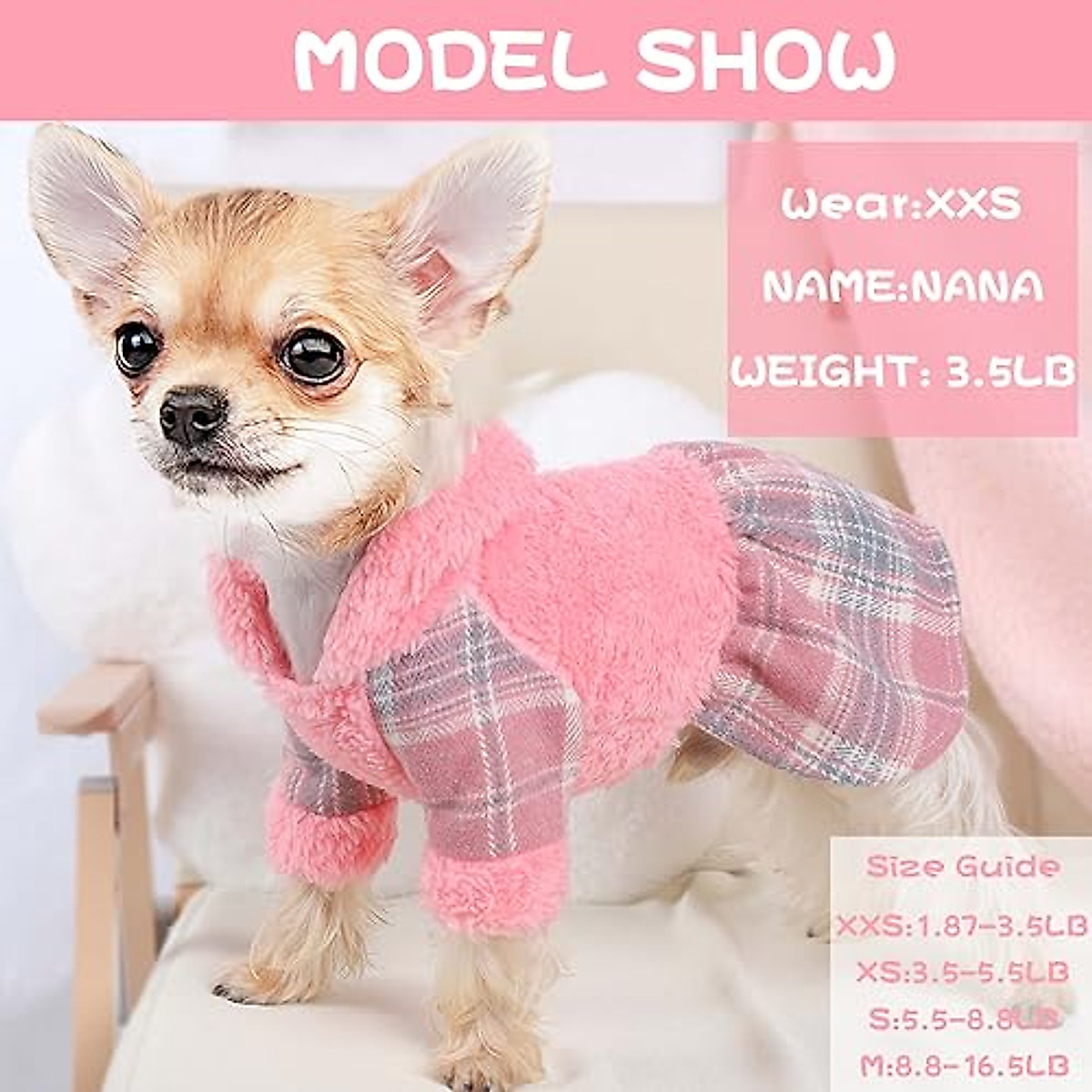 Winter Dog Dress, Cute Warm Fleece Dog Hooded Sweater, for Small Dogs Girl, Pink Plaid Puppy Dresses Clothes for Chihuahua Yorkie,Cat Apparel (Pink, X-Small)