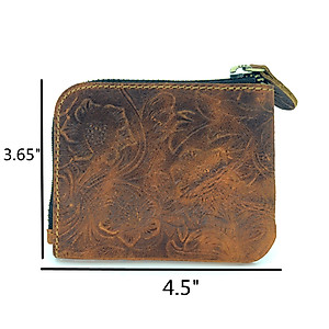 JJNUSA Genuine Leather Zipper Coin Purse Wallet With Key Car Smart Holder, Change Purse, Coin Pouch Holder For Men (Flower brown)