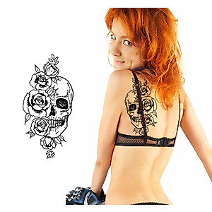 PADOUN Halloween Temporary Tattoo, 15-Sheet Black Skull Rose Flower Tattoos Temporary Realistic, Waterproof Girls Tattoos Temporary for Kids Adult