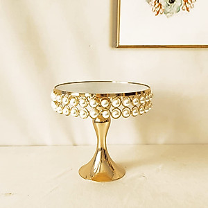 8 Inches 20cm Gold Round Mirror Cake Stand Cupcake Stands Metal Pedestal Holder with Pearls, Party Dessert Cheese Display Plate for Wedding Party Birthday Baby Shower Celebration Home Decoration