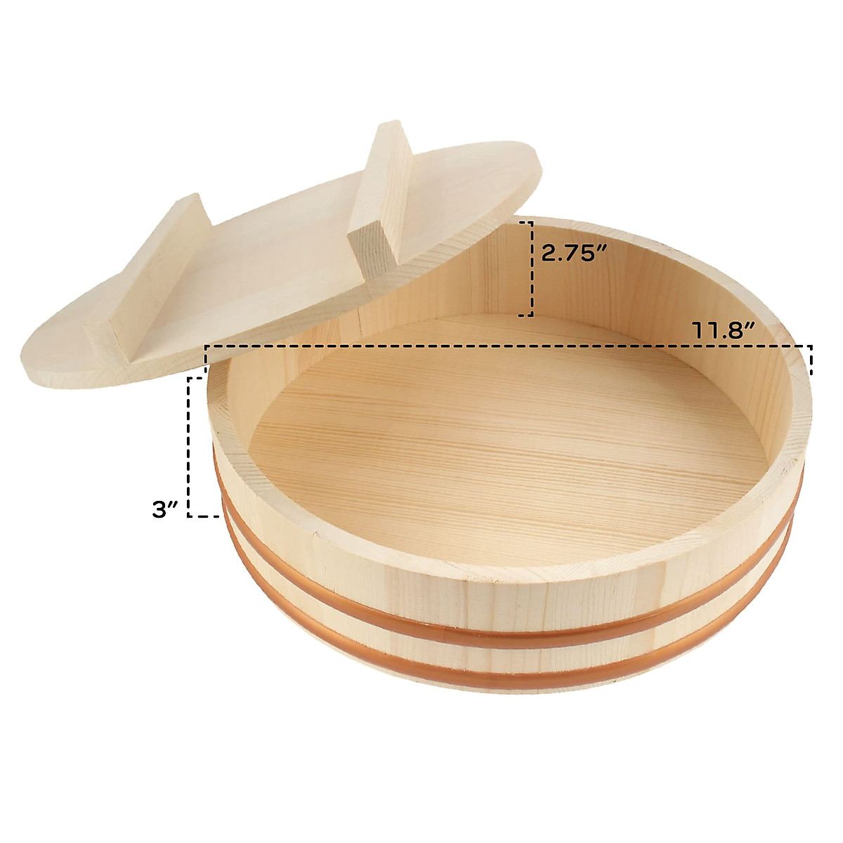 BambooMN 11.8" Hangiri Oke Sushi Rice Cooling Bowl/Tub with Lid, 1 Piece - Medium