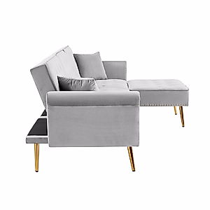 Hommoo 110” Modern Reversible Sectional Couch for Living Room Velvet L Shaped Couch with Removable Ottoman Nailhead Trim 3 Seater Sofa with Metal Gold Legs Light Gray