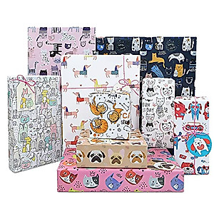 Dog and Cat Wrapping Paper,28 x 20 Inch White Pink Kitten Puppy Pattern Gift Wrapping Paper 9 Folded Sheet with Gift Tags and String for Kids Pet Birthday Baby Showers Christmas Boy Girl Gift Wrap