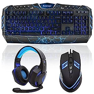 SportsBot SS301 Blue LED Gaming Over-Ear Headset Headphone, Keyboard & Mouse Combo Set w/ 40mm Speaker Driver, Microphone, Multimedia Keys & Window Key Lock, 4 DPI Levels (BLU)