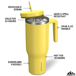 Hydrapeak Voyager 40 oz Tumbler with Handle and Straw Lid | Reusable Stainless Steel Water Bottle Travel Mug Cupholder Friendly | Insulated Cup | Holiday Gifts for Women Men Him Her (Lemon)