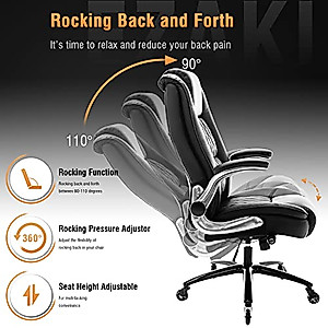 High Back Office Chair- Flip Arms Adjustable Built-in Lumbar Support, Executive Computer Desk Chair Work Chairs, Thick Padded Strong Metal Base Quiet Wheels, Ergonomic Design for Back Pain