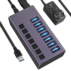 USB 3.0 Hub -7 Ports Powered USB Hub 36W USB Charging Hub with Individual On/Off Switches and 12V/3A Power Adapter and Light for PC, Laptop, Computer, Mobile HDD, Flash Drive and More（Purple）