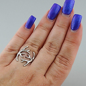 FashionJunkie4Life Sterling Silver Adjustable Textured Antler Ring, One Size, Deer Elk Moose Hunting