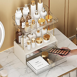 shuang qing 2-Tier 2-Drawer Bathroom Countertop Organizer, Skin Care Large Organizer, Multi-Purpose Makeup Storage Rack for Vanity, Cosmetic Counter Organizer (Clear)