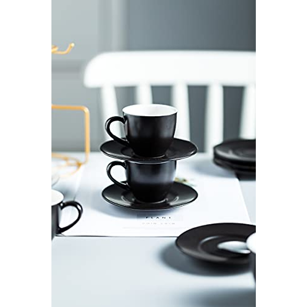 YHOSSEUN 3 Ounces Espresso Cups with Saucers Set, Porcelain Latte Cups and Metal Stand Demitasse Cups for Espresso, Latte, Cafe Mocha, Cappuccino and Tea, Set of 6, Black
