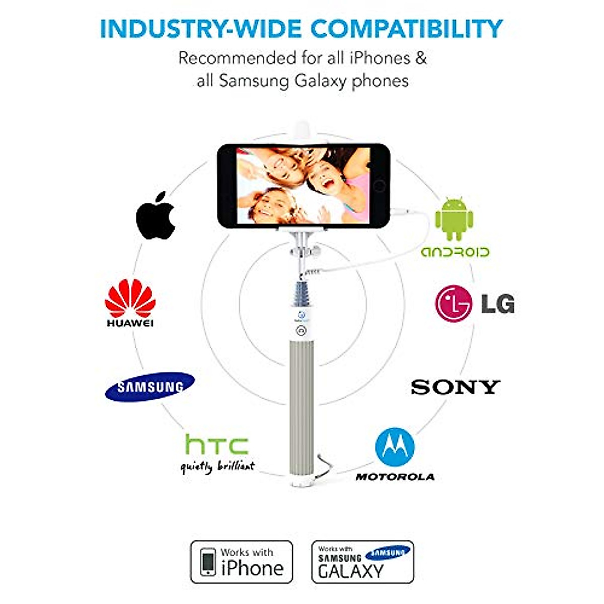 Premium 5-in-1 Wired Selfie Stick for iPhone 11 10 XR XS 9 8 7 6 5, Samsung Galaxy S10 S9 S8 S7 S6 S5 - Takes Selfies in Seconds, Get Perfect HD Photos - No Apps, No Downloads, No Batteries Required