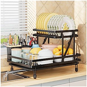 YKLSLH Dish Drying Rack, Collapsible Dish Racks for Kitchen Counter, 2 Tier Sturdy Dish Drainer with Utensil Holder-Kitchen Drying Rack