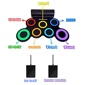 Electronic Drum Set,7 Practice Drum Pads,Roll-up Rechargeable Drum Set with Pedals,Sticks,Built-in Speaker/Headphone Jack, Rainbow Color