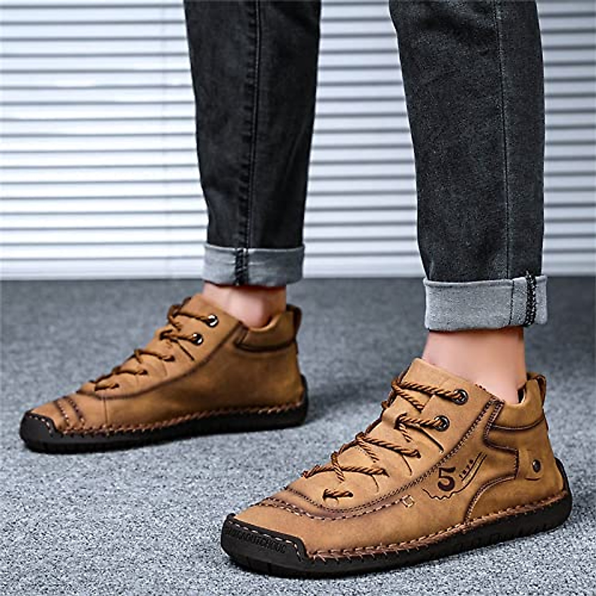 Fashion Summer and Autumn Men Leather Shoes Flat Soft Bottom Comfortable Mid Top Lace Up Casual Boot Leather Men (Brown, 9)