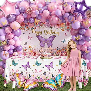 Butterfly Birthday Decorations Party Supplies for Girls Women with Pink Purple Balloon Arch Kit Backdrop Tablecloth Butterfly Wall Decor Foil Balloons Cake Toppers