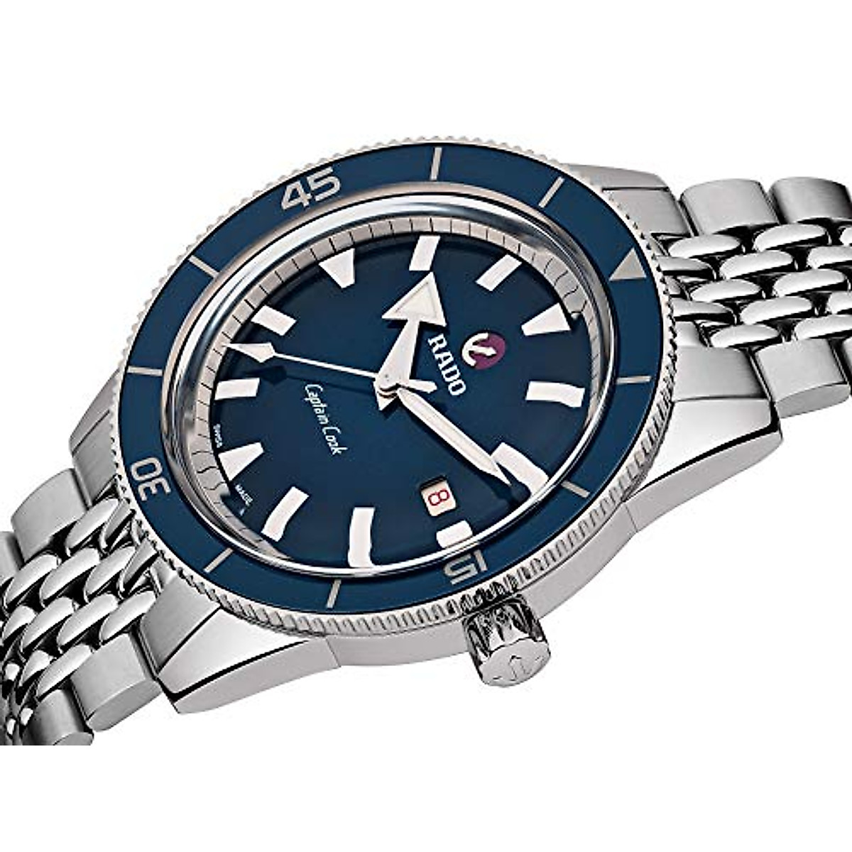Rado Men's Captain Cook 42 mm Automatic Diving Watch with Stainless Steel Strap, Silver-Tone, 20 (Model: R32505203), Blue