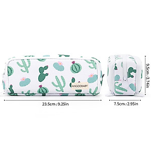 ANGOOBABY Large Pencil Case Big Capacity 3 Compartments Canvas Pencil Pouch for Teen Boys Girls School Students (Green Cactus)