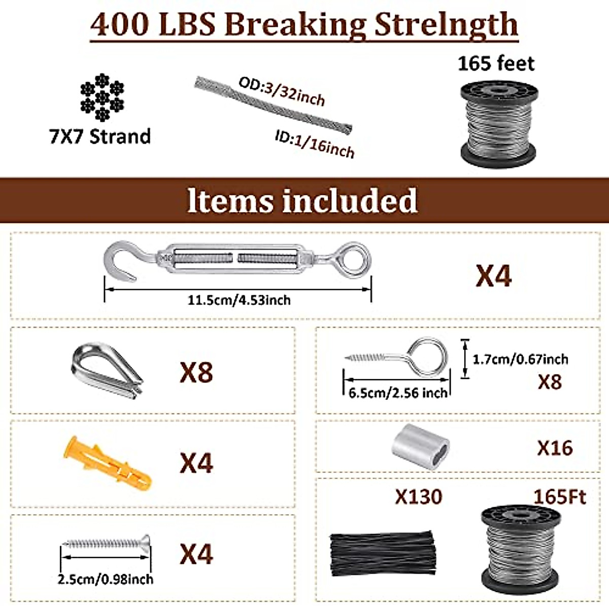 String Light Hanging Kit Outdoor Globe String Light Suspension Kit with 164 Ft Vinyl Coated Stainless Steel Wire Cable, Turnbuckle, Thimble, Hooks for Garden Patio Backyard Lighting Accessories