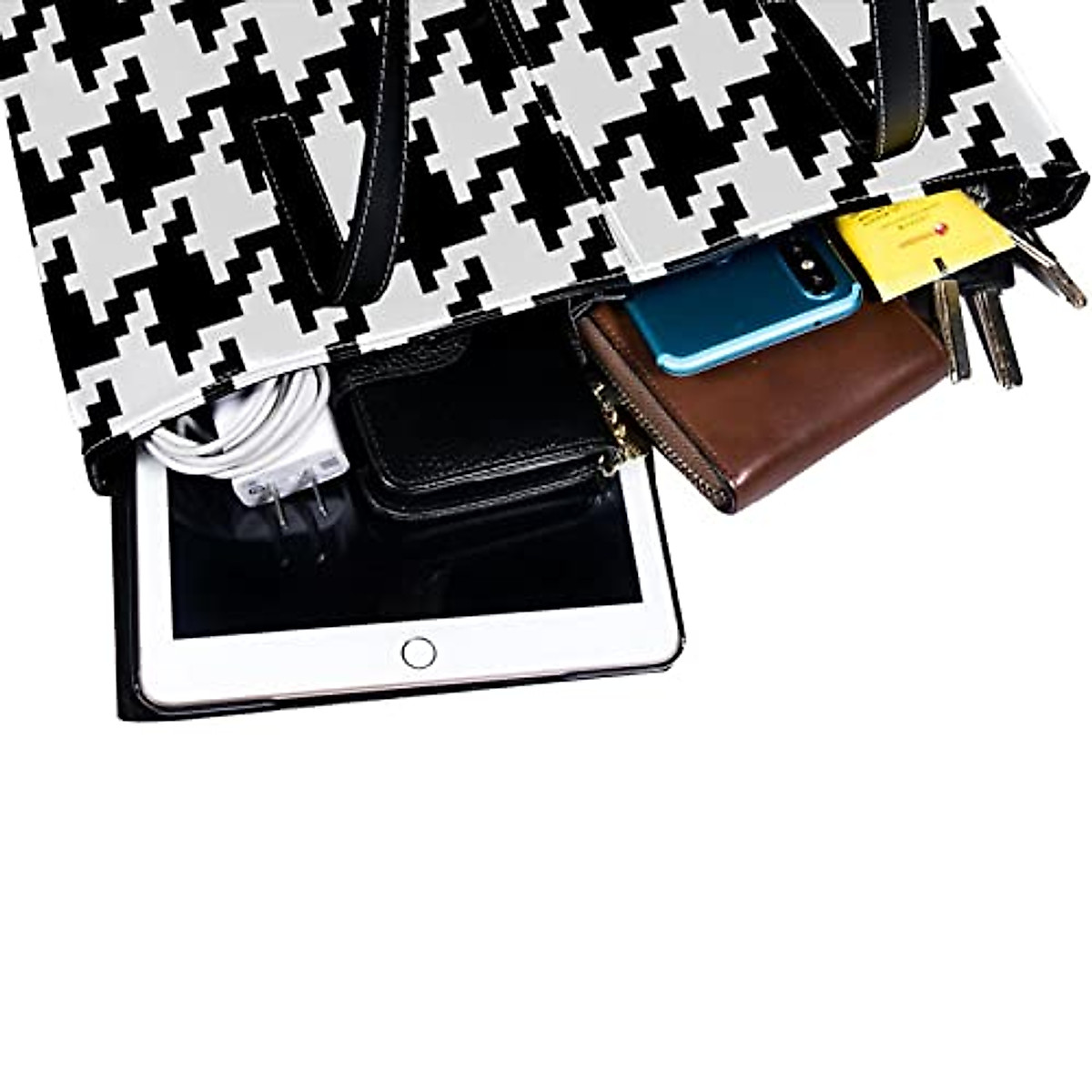 RODAILYCAY Leather Handbag for Women Large Capacity Top Handle Satchel Bucket Purses Shoulder Bag Black White Houndstooth Plaid Pattern