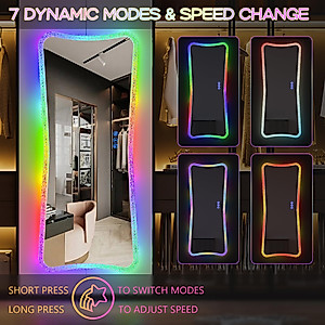 Lvifur RGB LED Full Length Mirror 48”x20”, Wall Mounted Hanging Mirror 7 Dynamic & 7 Static Modes Dimmable, Full Body Lighted Mirror for Bedroom, Cloak Room
