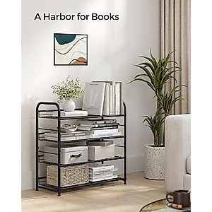 SONGMICS Stackable Shoe Rack, 4 Tier Metal Shoes Rack Storage Shelf, Holds up to 20 Pairs Shoes, Adjustable Slanted Shelves Shoe Tower Organizer for Closet Entryway Small Spaces, Black