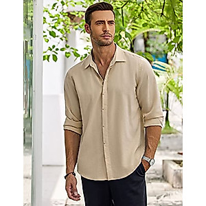 COOFANDY Men Beach Shirts Casual Cotton Linen Long Sleeve Slim Fit Summer Shirts Stone
