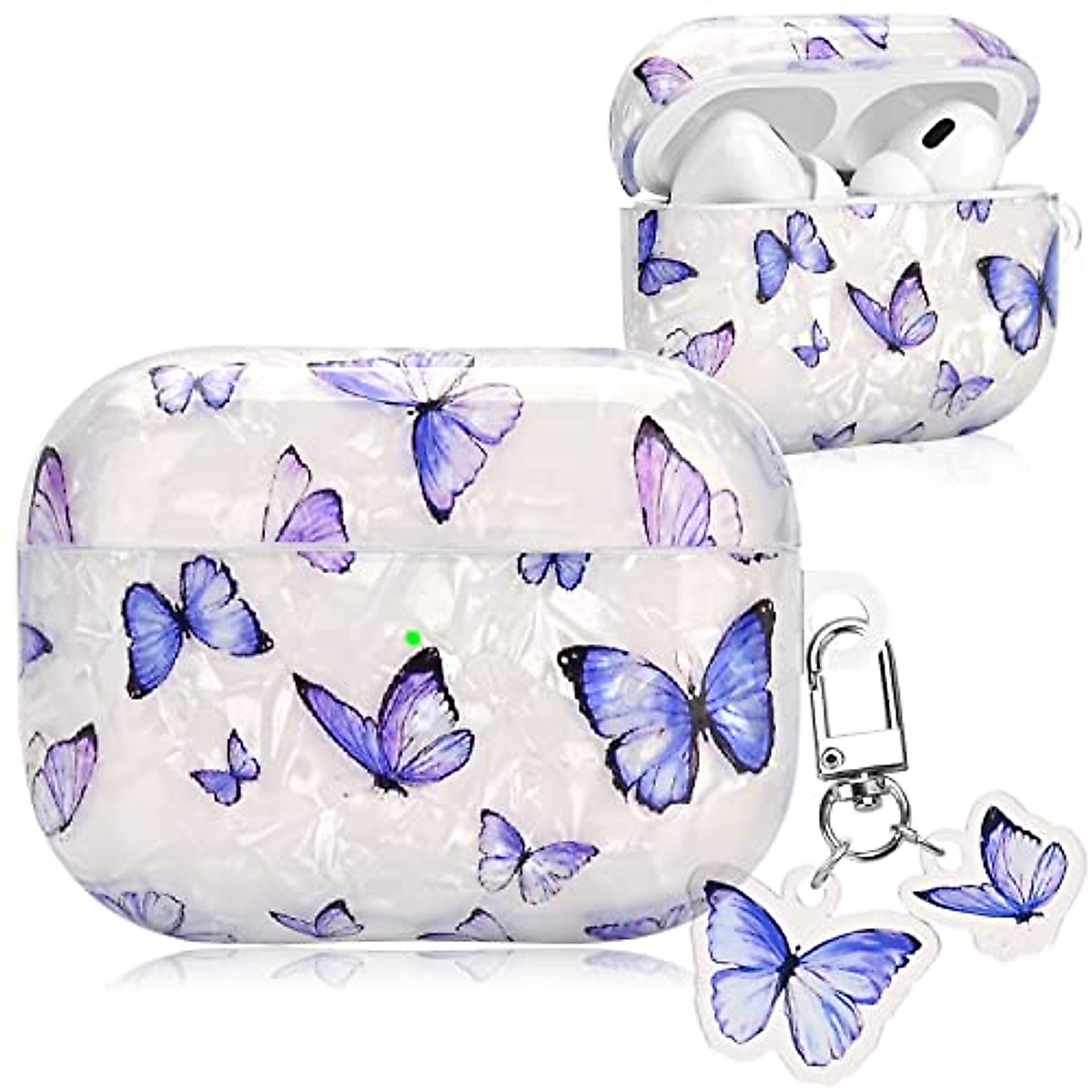 Cute Airpod Case with Butterfly Pendant, Kawaii Dreamy Blue Butterfly Shell Design Soft Shockproof Protective Cover Compatiable with Airpods Pro Case for Girls and Womens