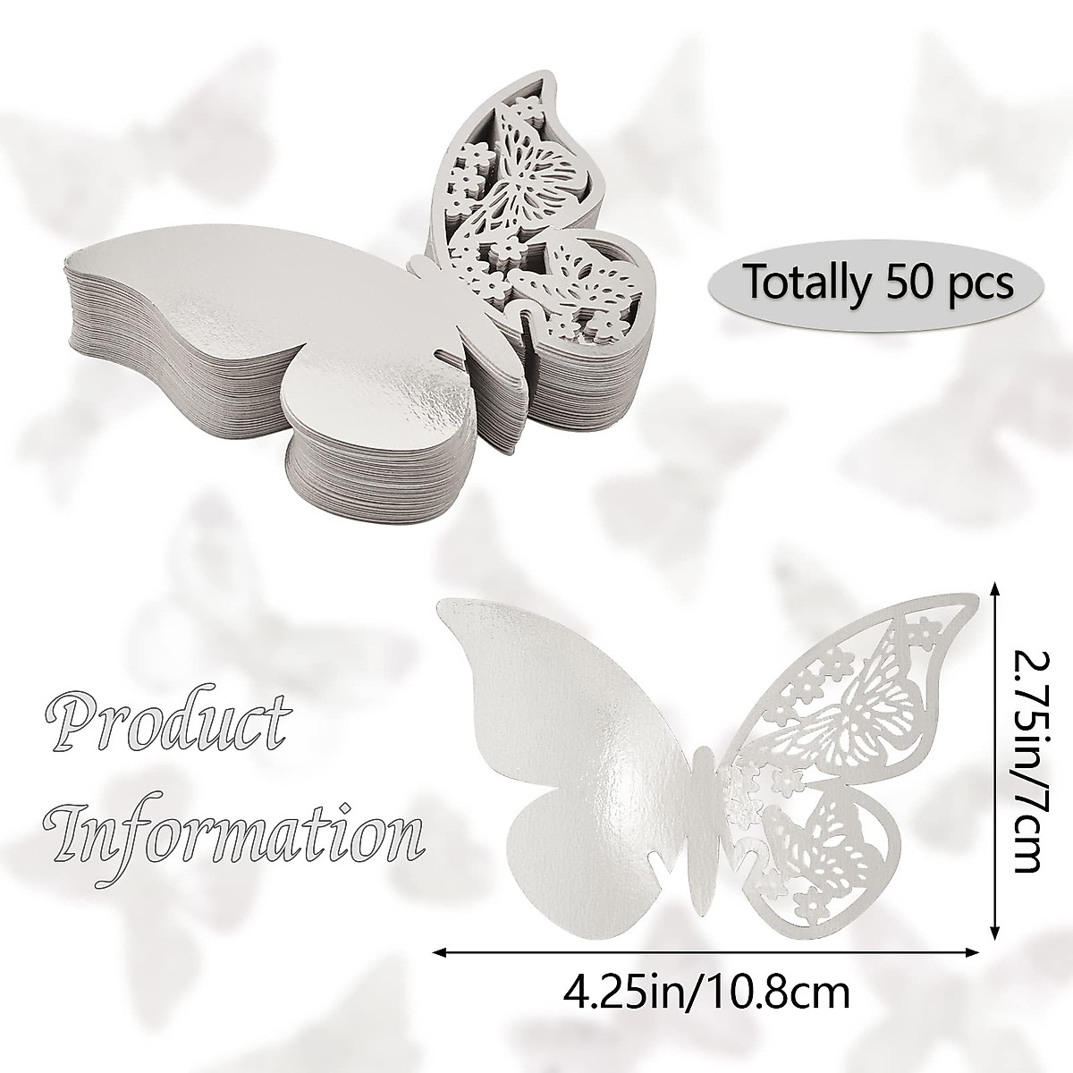 URROMA Reflective Butterfly Table Number Place Card, 50 Pcs Silver Wine Glass Cup Decor Postcards Wedding Centerpieces Wall Decals Sticker for Parties