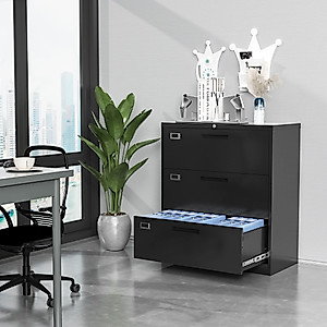 LISSIMO Lateral File Cabinet with Lock, 3 Drawer Metal Storage Filing Cabinet for Hanging Files Letter/Legal/F4/A4 Size, Vertical Files for Home Office (Black)