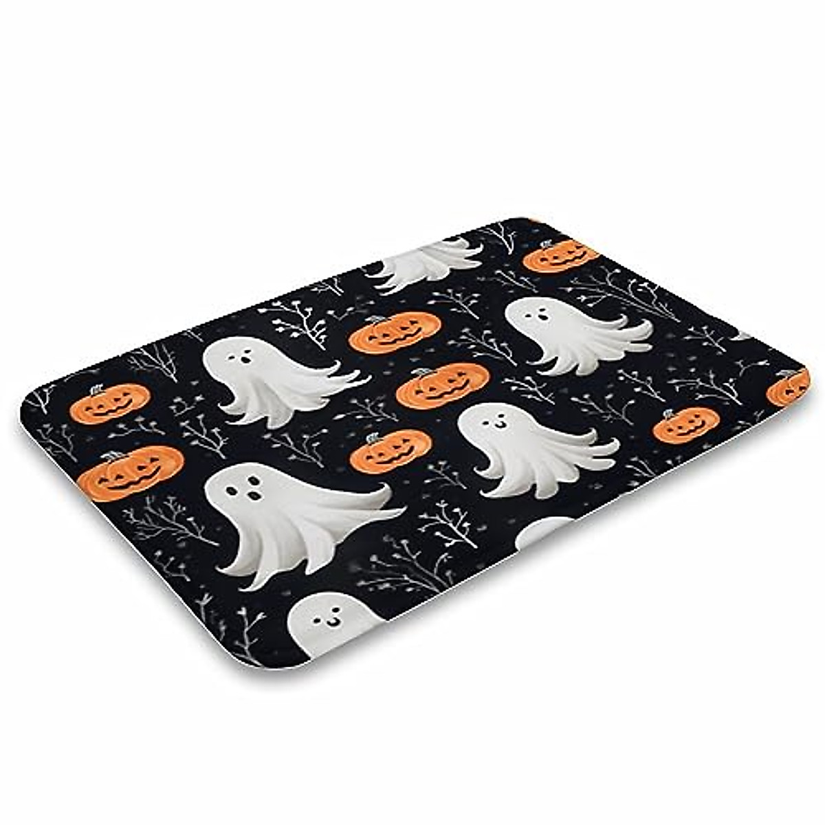 Bath Mat Pumpkins with Ghosts and Webs Design Bath Mats Halloween Holiday Foam Door Mats Bathroom Decorations Carpets Non-Slip Flannel Bath Rug Shower Floor Carpet 16x24 Inch