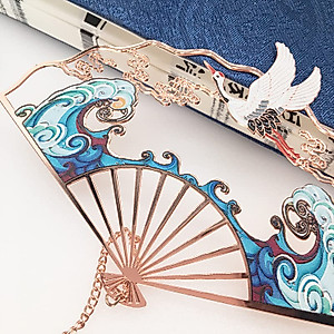 Bookmark Retro Folding Fan Bookmarks Metal White Crane Flying Over The Waves Tassel Bookmark Stationery Book Clip Book Marks Accessories
