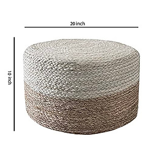 S & L Homes Pouf Ottoman - 100% Jute Braided Footrest Pouf Hand Knitted Traditional Cord Boho Pouffe for Living Room, Bedroom, Nursery, Patio, Lounge Colorblock - Natural Ivory (20”x20”x10”)
